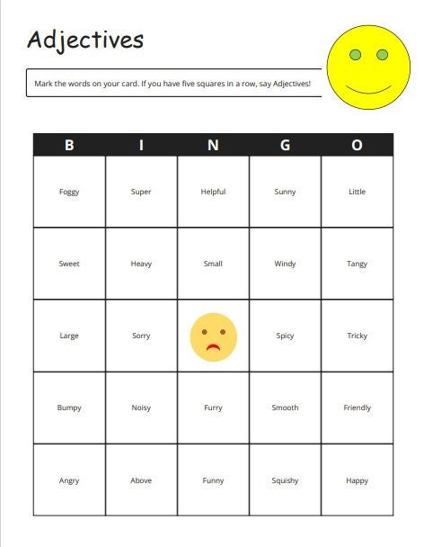 Educational Games: Bingo Adjectives - Etsy