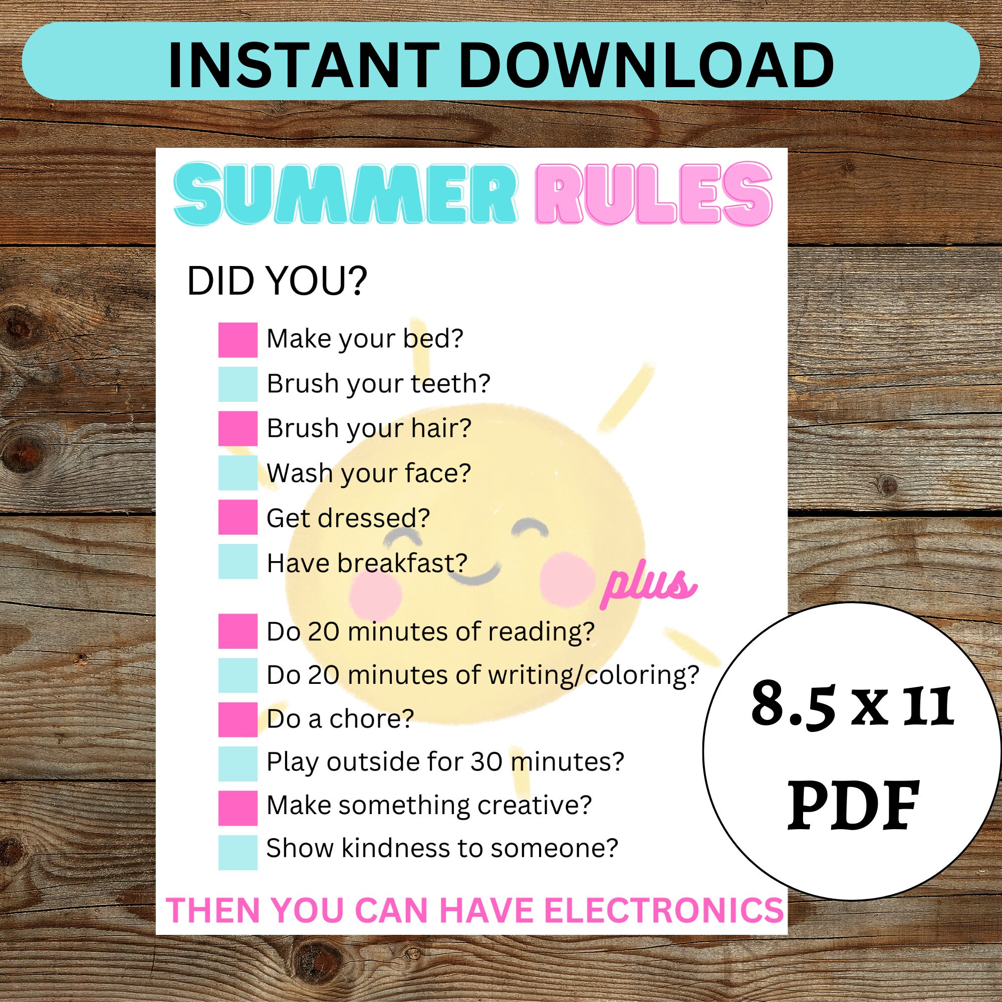 Printable Summer Rules Checklist, Summer Screen Time for Kids, Instant ...