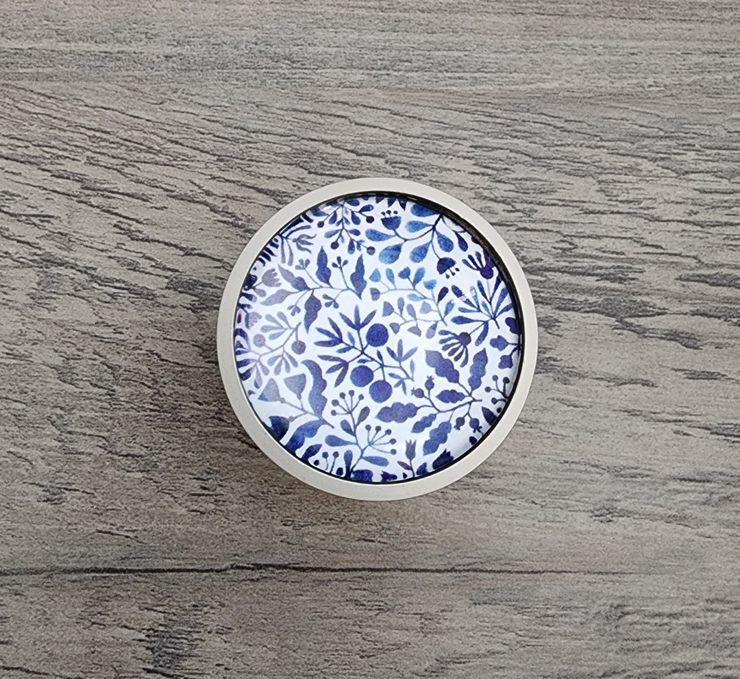 Blue and White Floral Pattern Knobs - Glass and Metal - Etsy