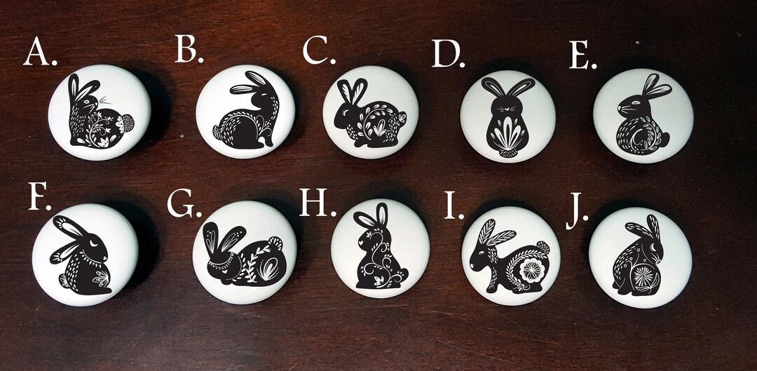 Black and White Rabbit Cabinet Knobs / Custom Ceramic Rabbit Knobs and Pulls / Vintage Cabinet ...