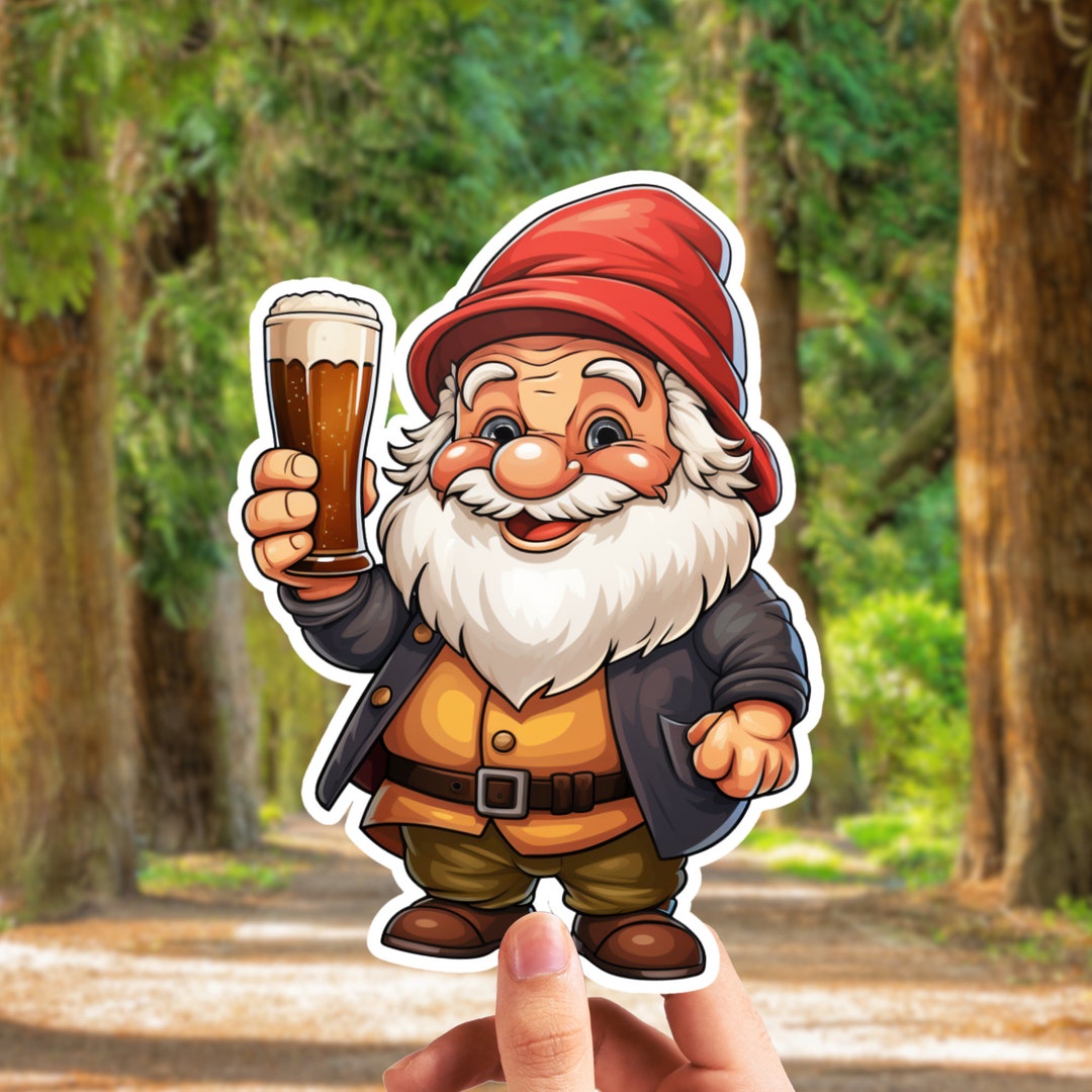 Funny Lawn Gnome Sticker, Cute Garden Gnome, Beer Drinking Gnome ...