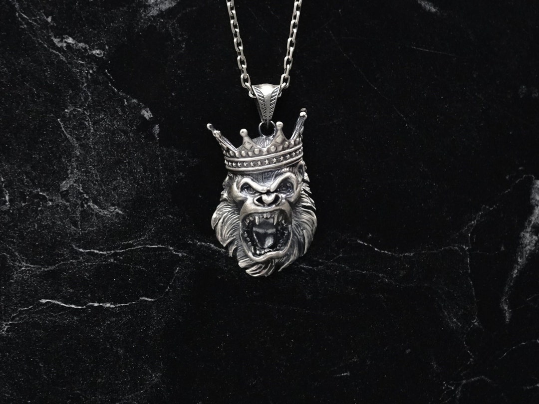 Oxidized 925 Silver Gorilla Necklace, King Crowned Monkey Pendant, King ...