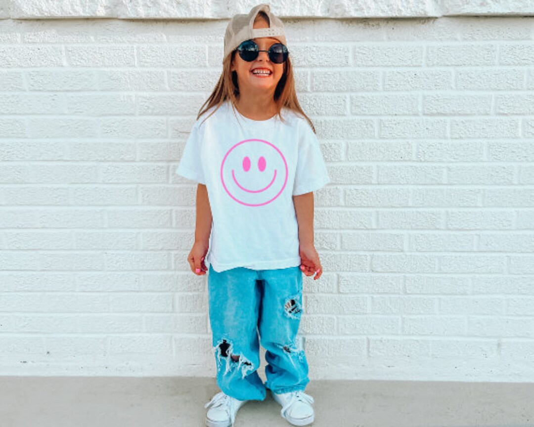 Youth Neon Happy Face T-shirt, Kids Comfort Colors® Shirt, Pink Smiley ...