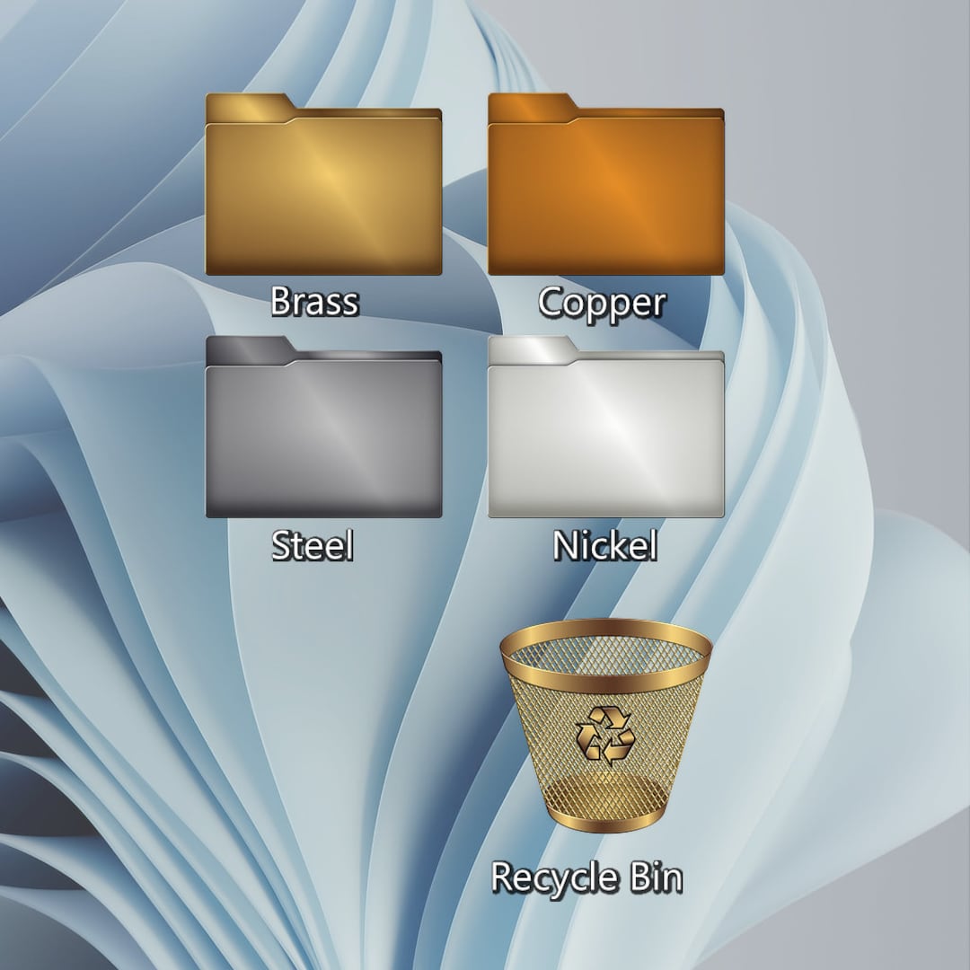 Metallic Brass Desktop Recycle Bin Icon and Complete Metallic Folder ...
