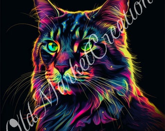 Eye-catching Digitally Created Neon Cat Print., Digital Print, Instant ...