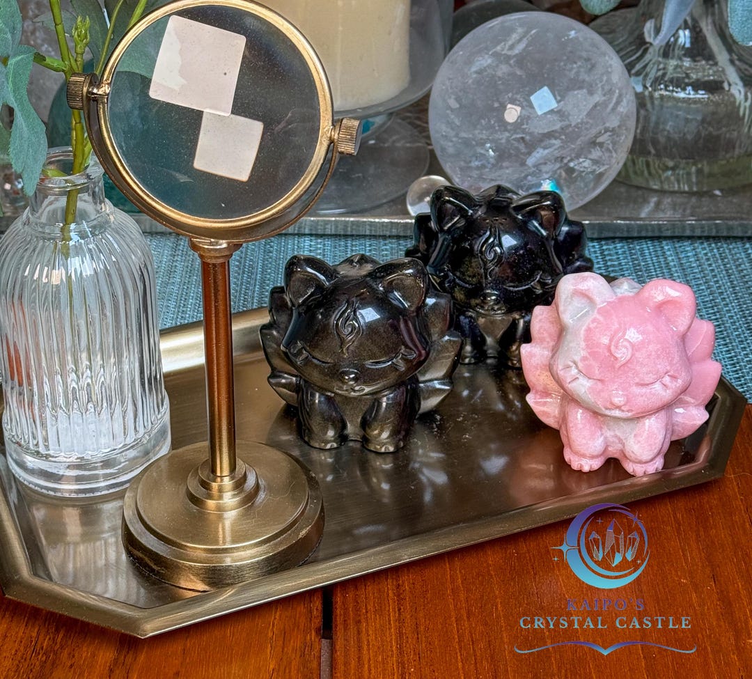 Hand Carved Nine-tailed Fox: Pink Opal or Golden Obsidian, Reiki Feng ...
