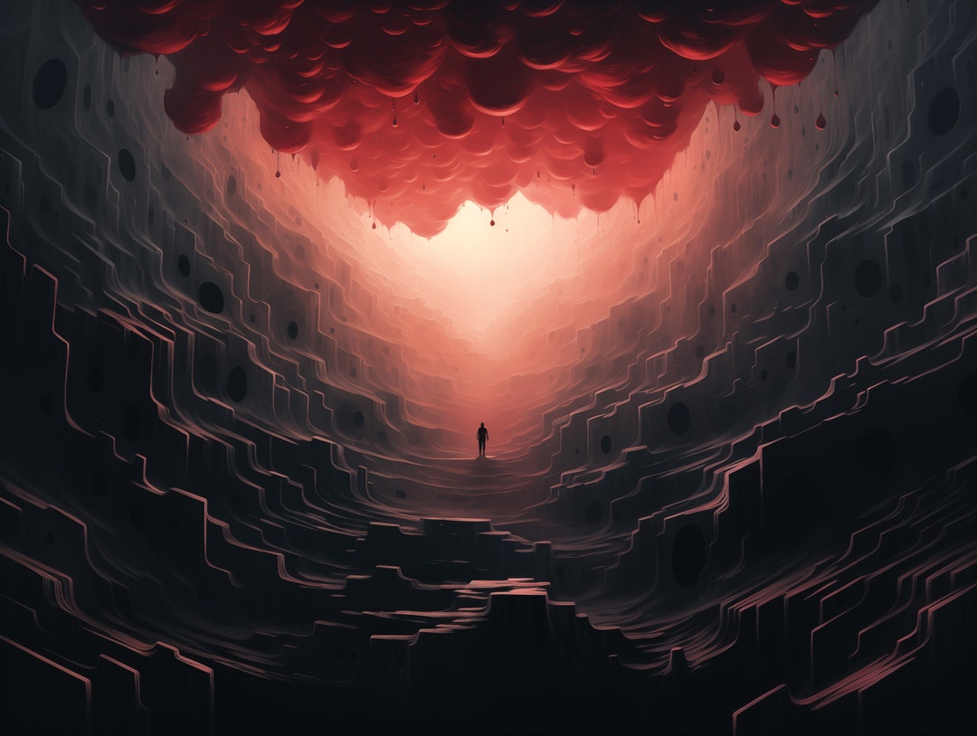 Enigmatic Journey: Ancient Canyon With Man and Blood-red Blobs ...