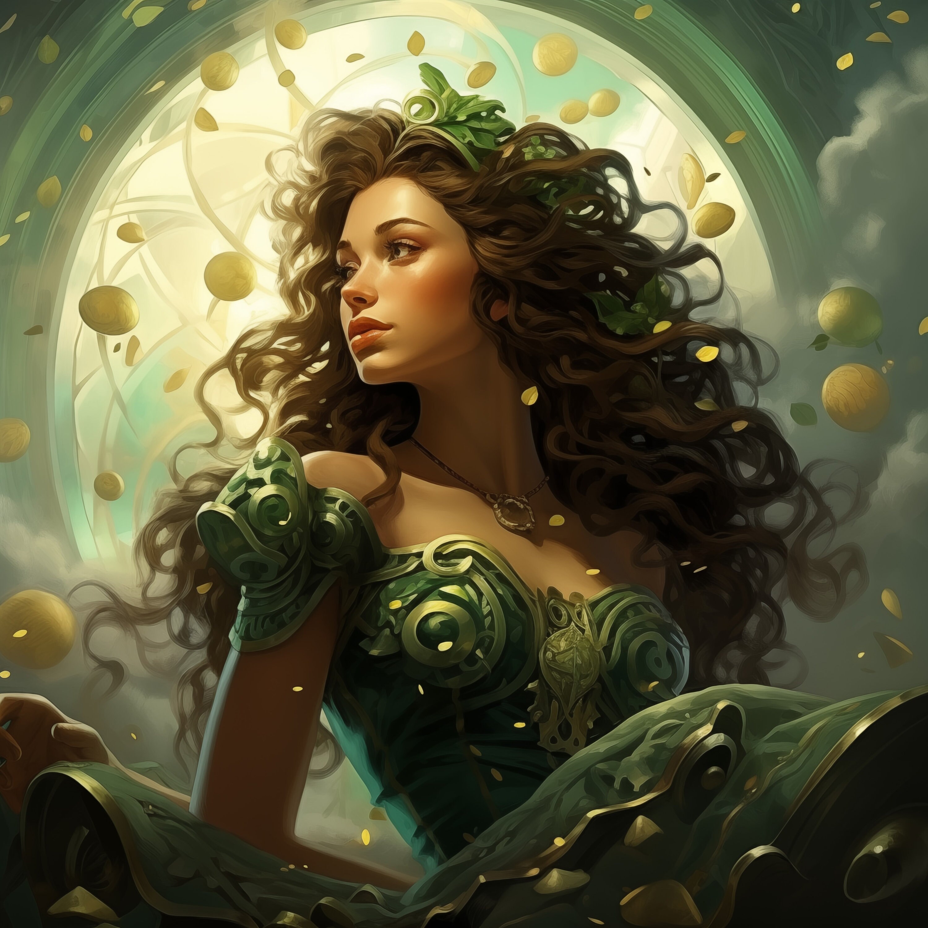 Green Elegance: Digital Art Print of Beautiful Irish Lass in Lavish ...
