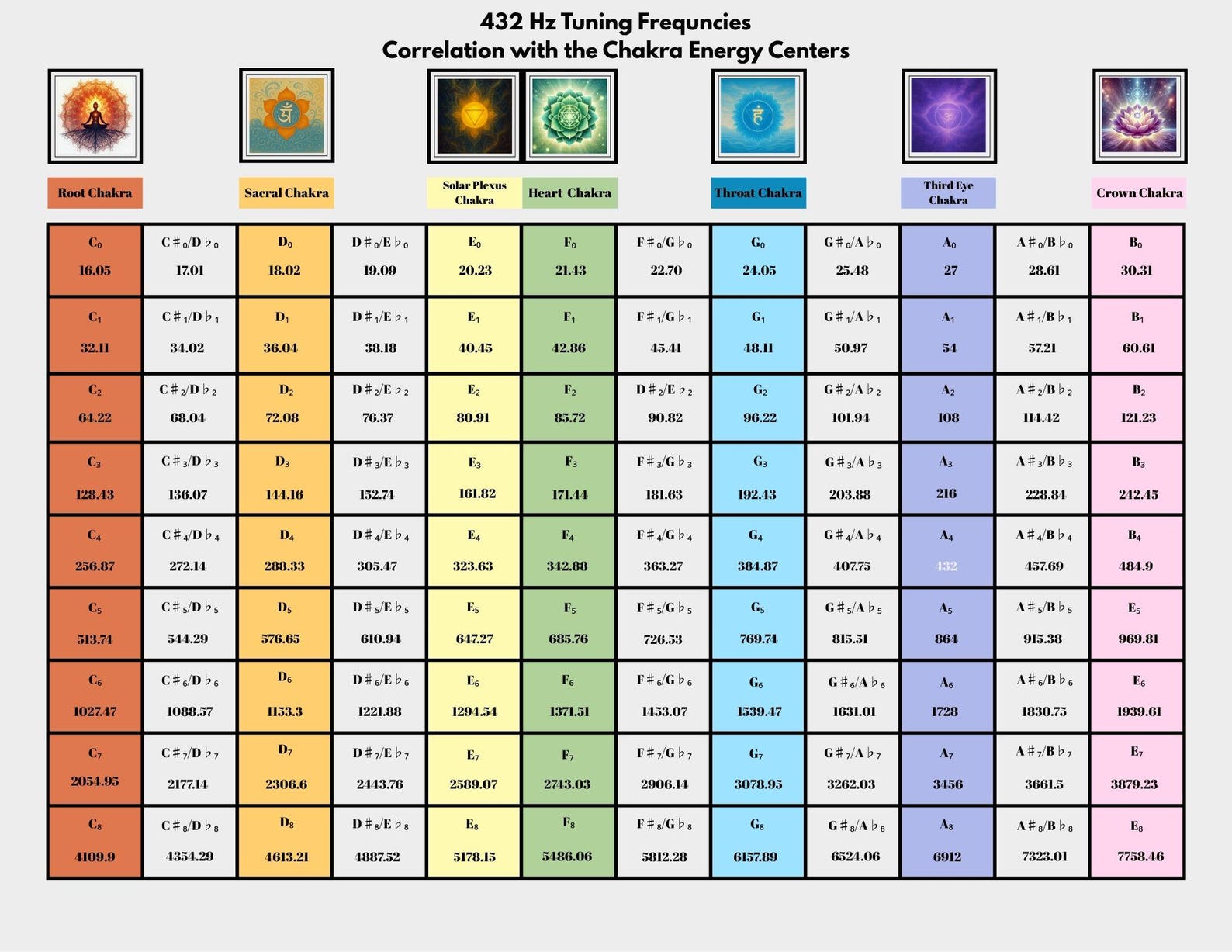 432 Hz Tuning Frequency Chart | Chakra - Etsy