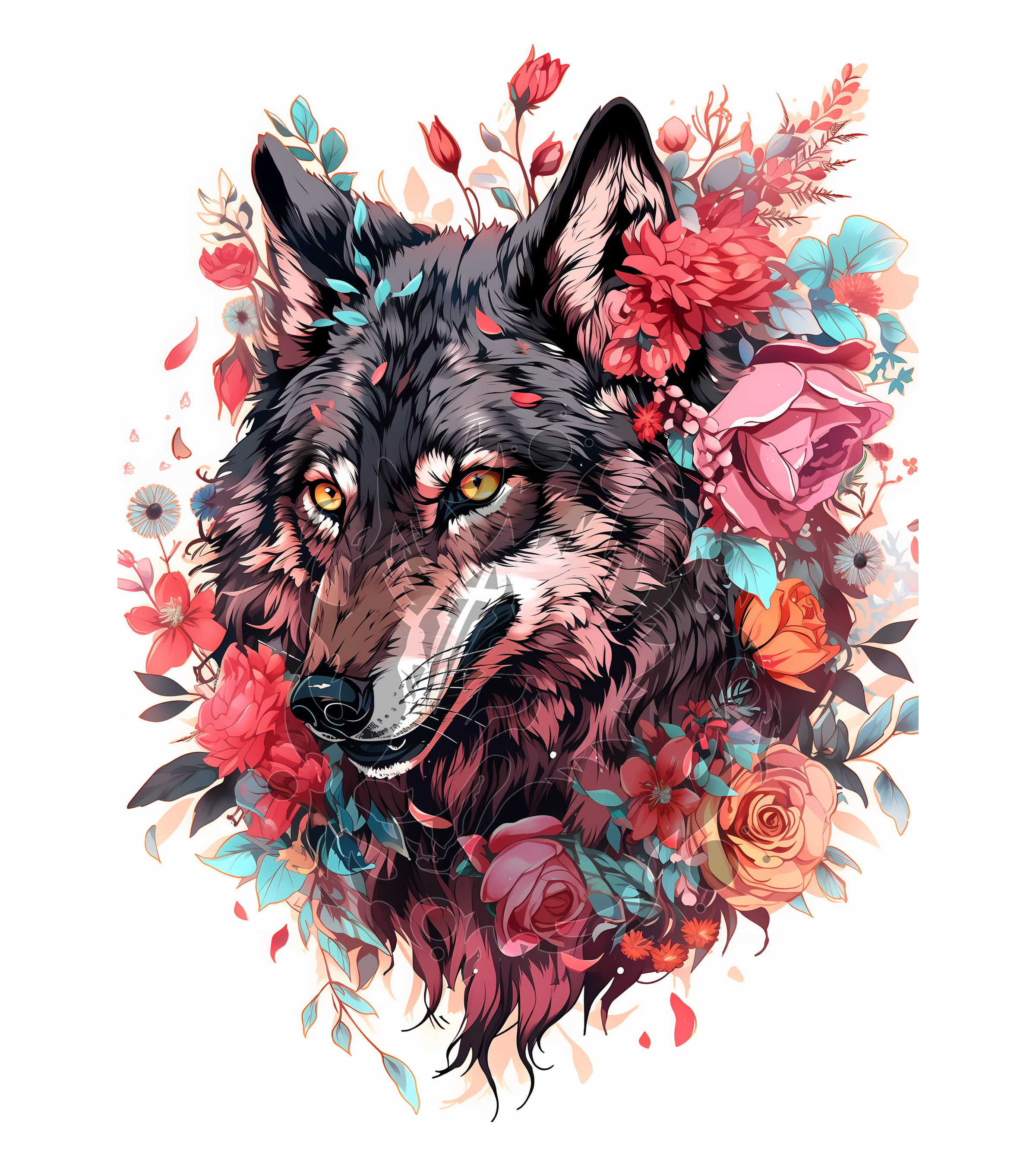 Floral Wolf Portrait Tattoo Design Digital Download HD Image Animal ...