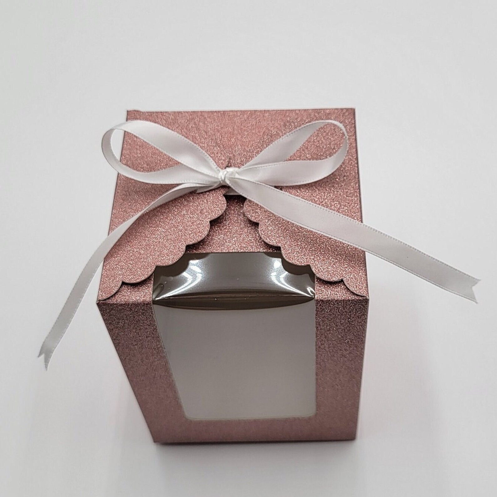 Sparkly Rose Gold Wedding Favor Boxes Scalloped Edge Cupcake & Wine ...