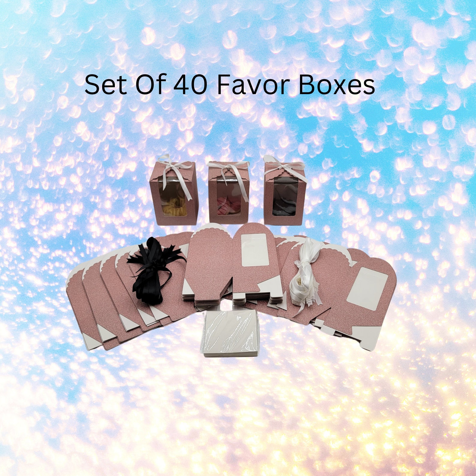Sparkly Rose Gold Wedding Favor Boxes Scalloped Edge Cupcake & Wine ...