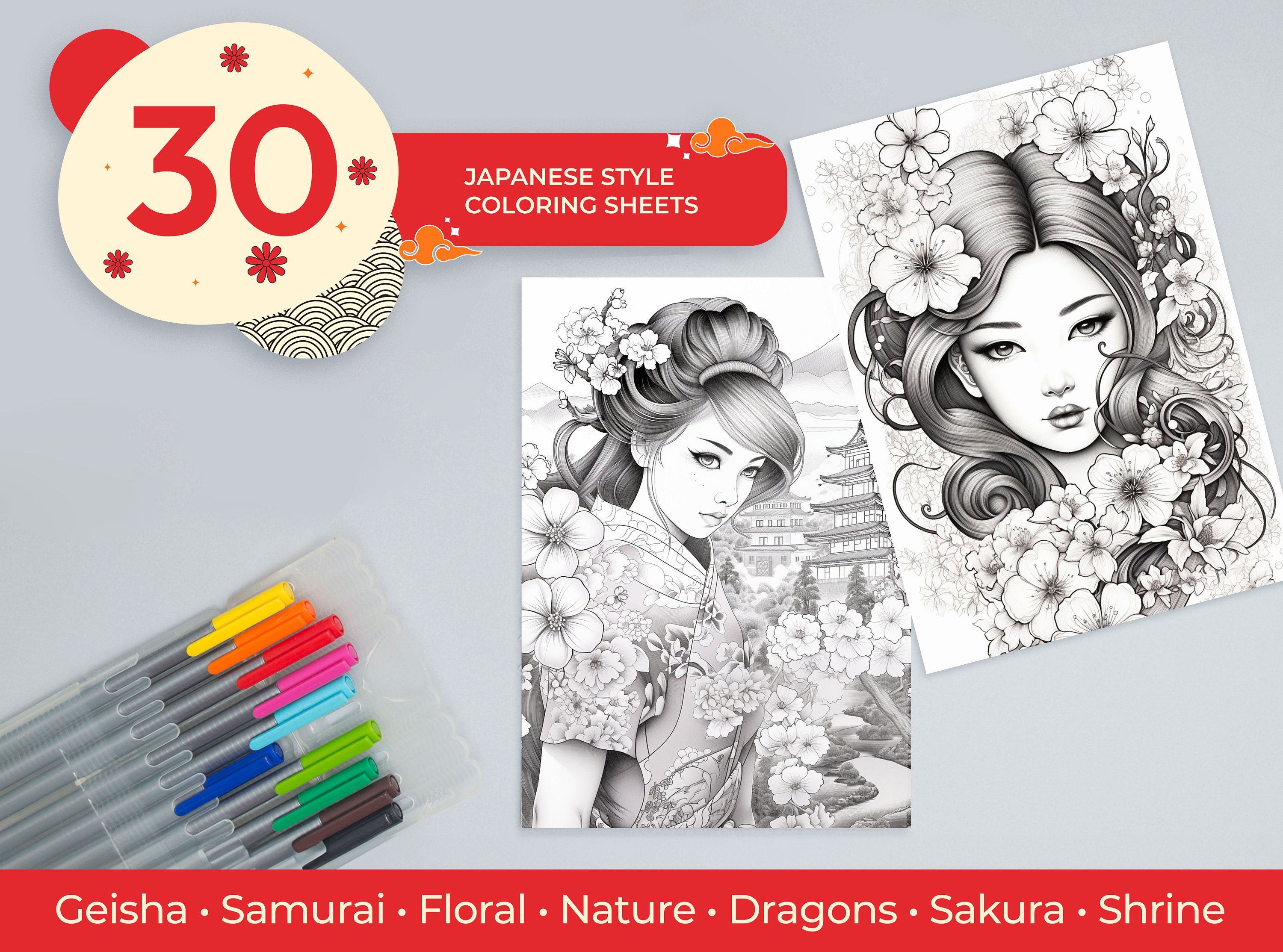Japanese Style Coloring Pages - 30 Digital Download A4 Printable ...