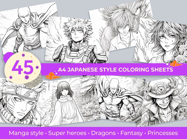 Digital Download: 45 Japanese Manga Style Coloring Sheets A4 Size ...