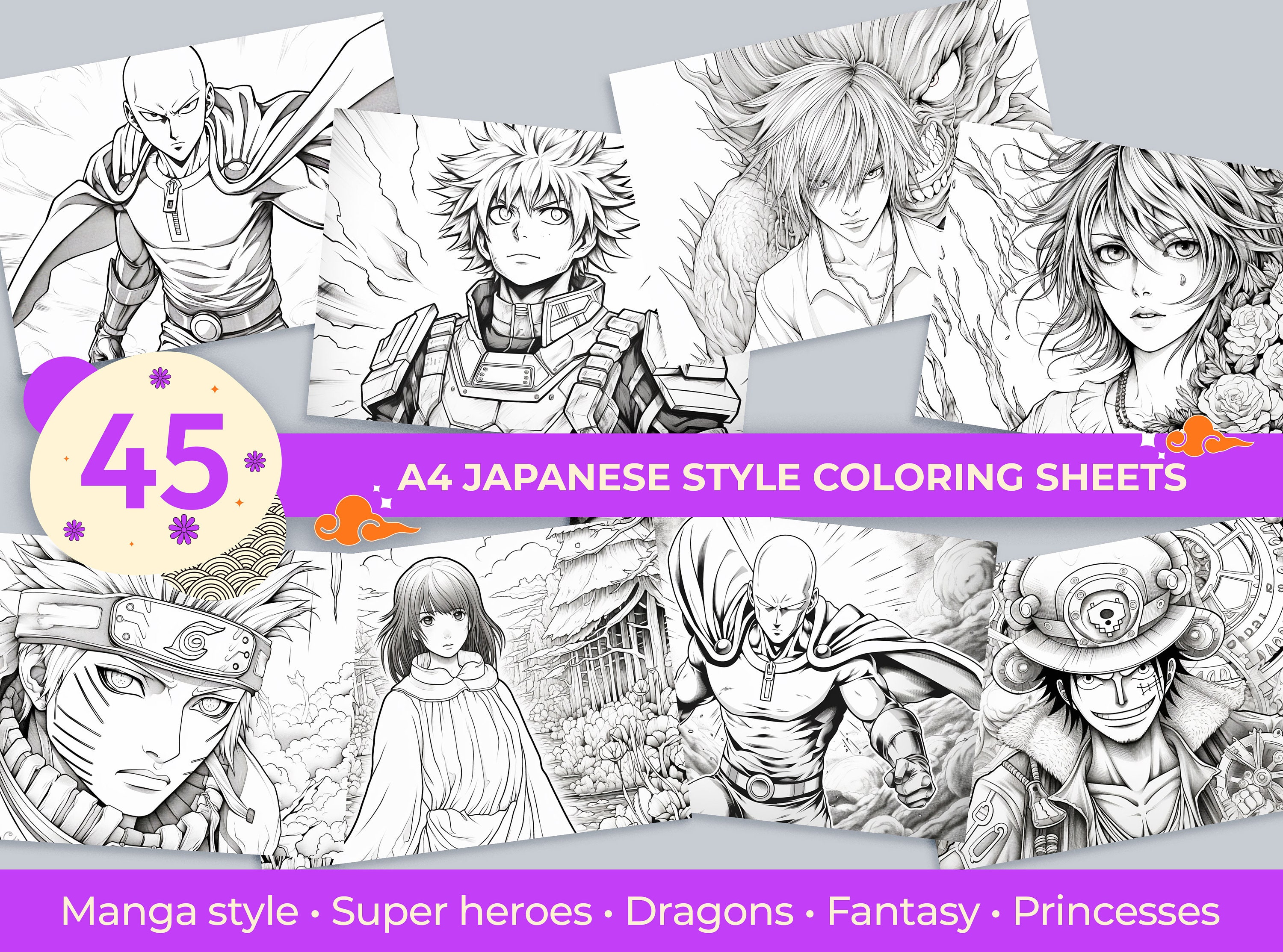 Digital Download: 45 Japanese Manga Style Coloring Sheets A4 Size ...