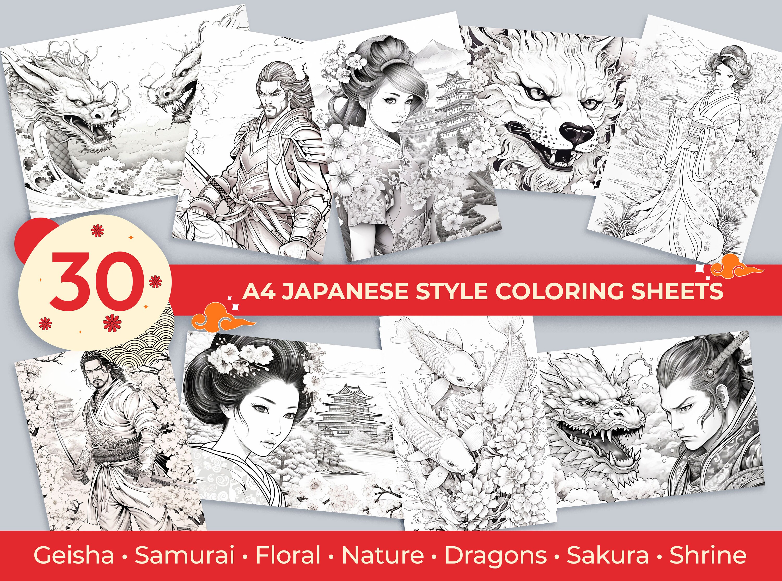 Japanese Style Coloring Pages - 30 Digital Download A4 Printable ...