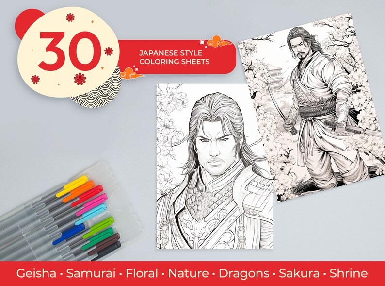 Japanese Style Coloring Pages - 30 Digital Download A4 Printable ...