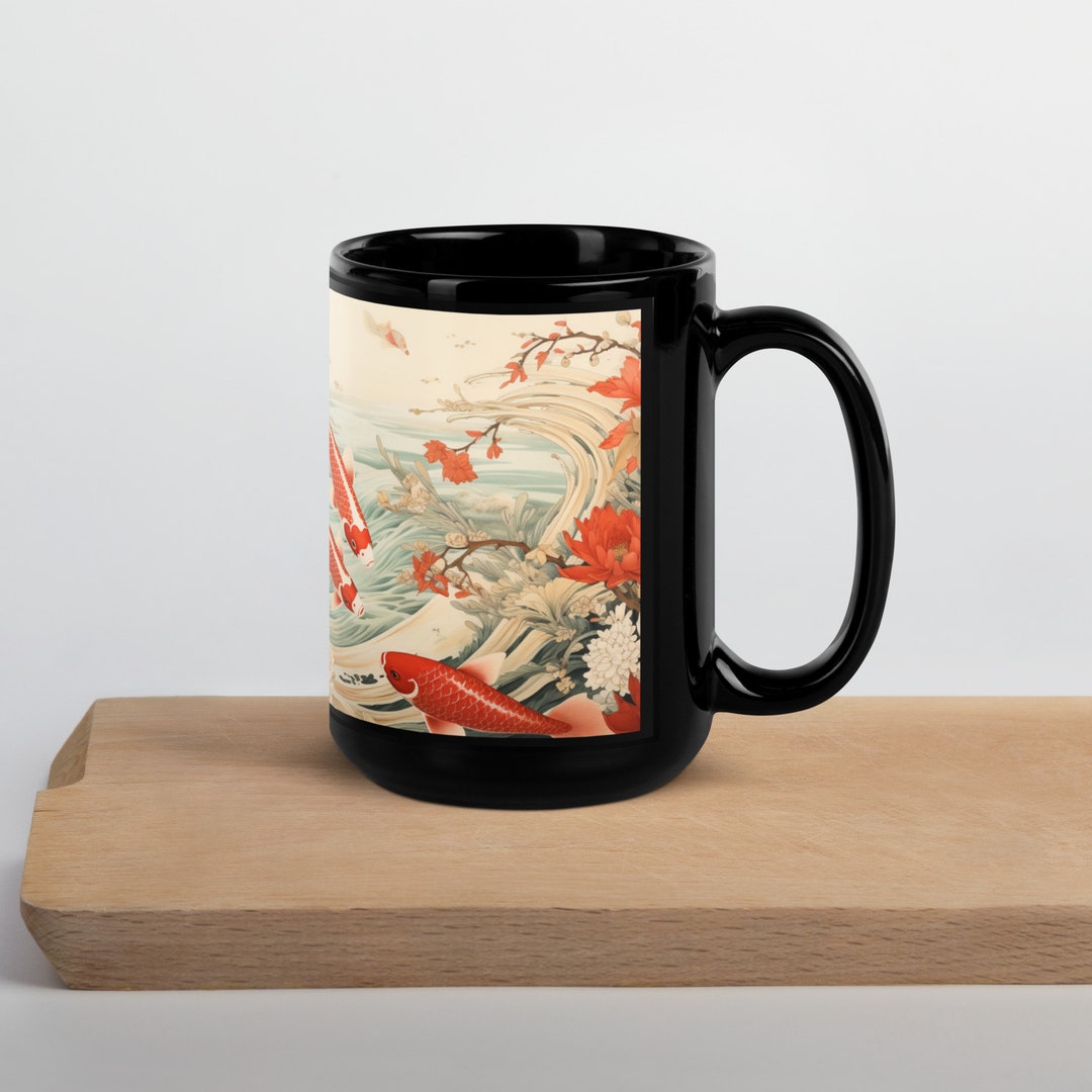 Japanese Ukiyo-e Koi Fish Ceramic Mug - Black Tea Cup With Nature ...