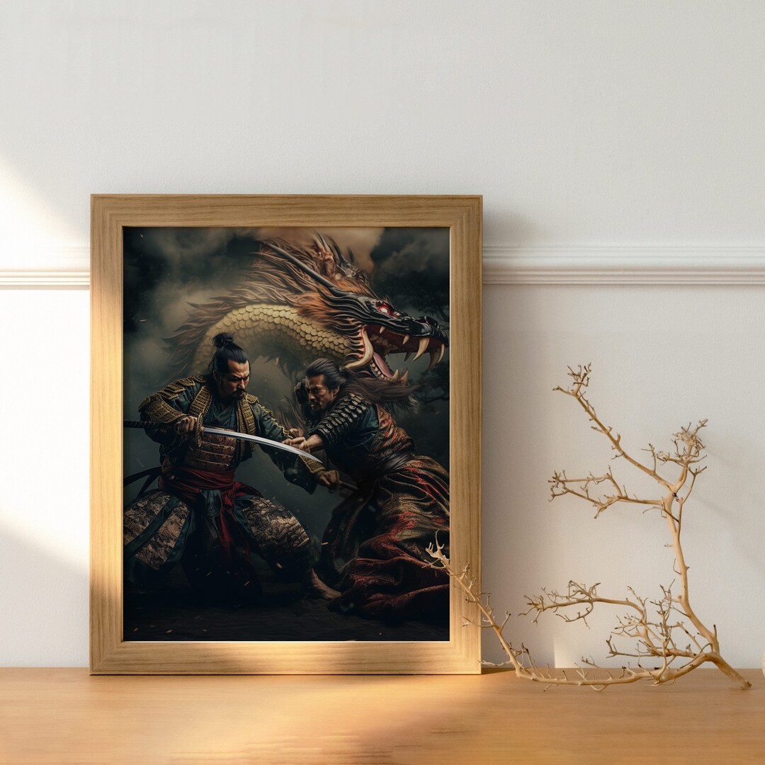 Samurai Fight Digital Download, Art Print With Dragon Background ...