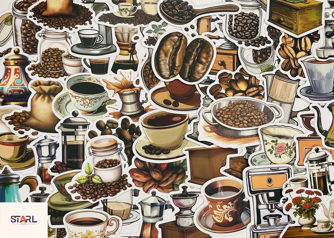Vintage Coffee Stickers Pack, Retro Espresso & Coffee Bean Art ...