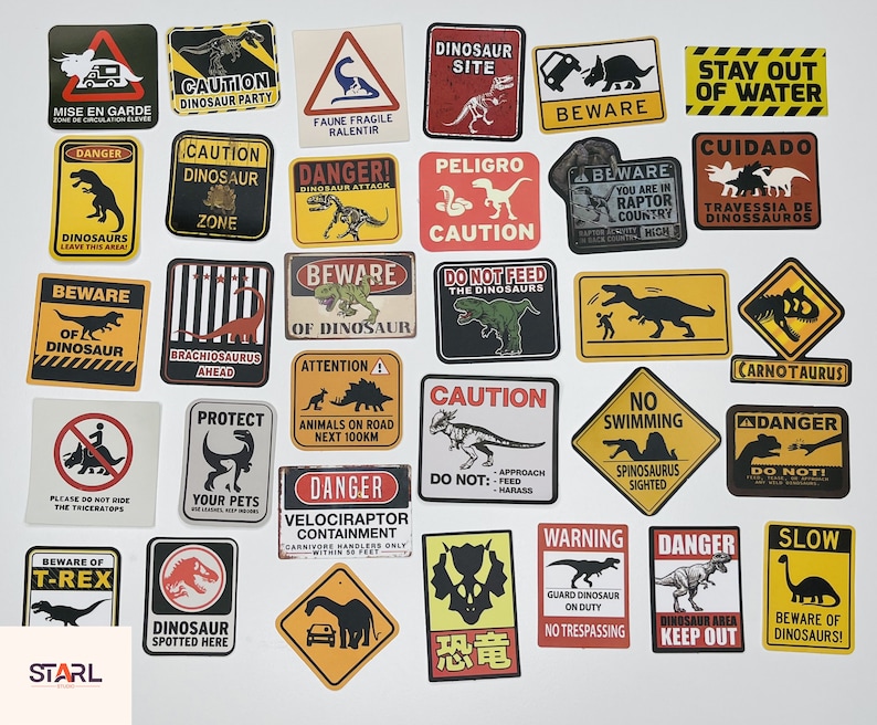 Dinosaur Warning Sign Stickers Pack | Funny Caution Dino Crossing Vinyl ...