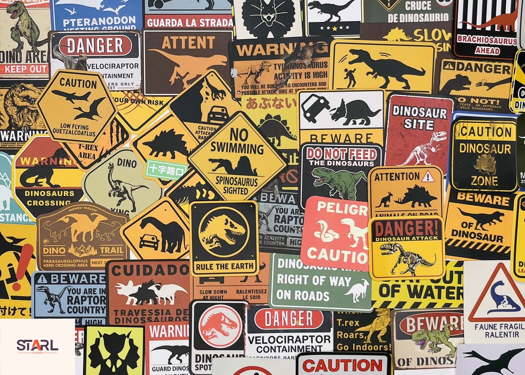 Dinosaur Warning Sign Stickers Pack | Funny Caution Dino Crossing Vinyl ...