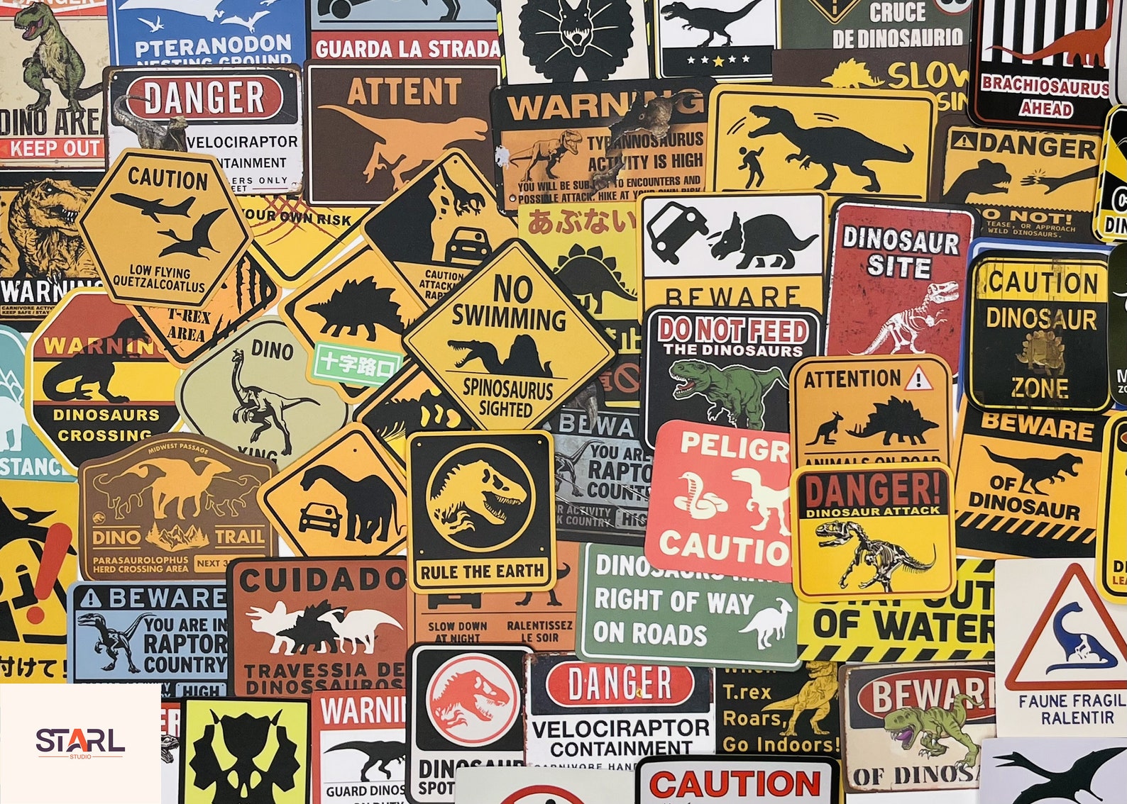 Dinosaur Warning Sign Stickers Pack | Funny Caution Dino Crossing Vinyl ...