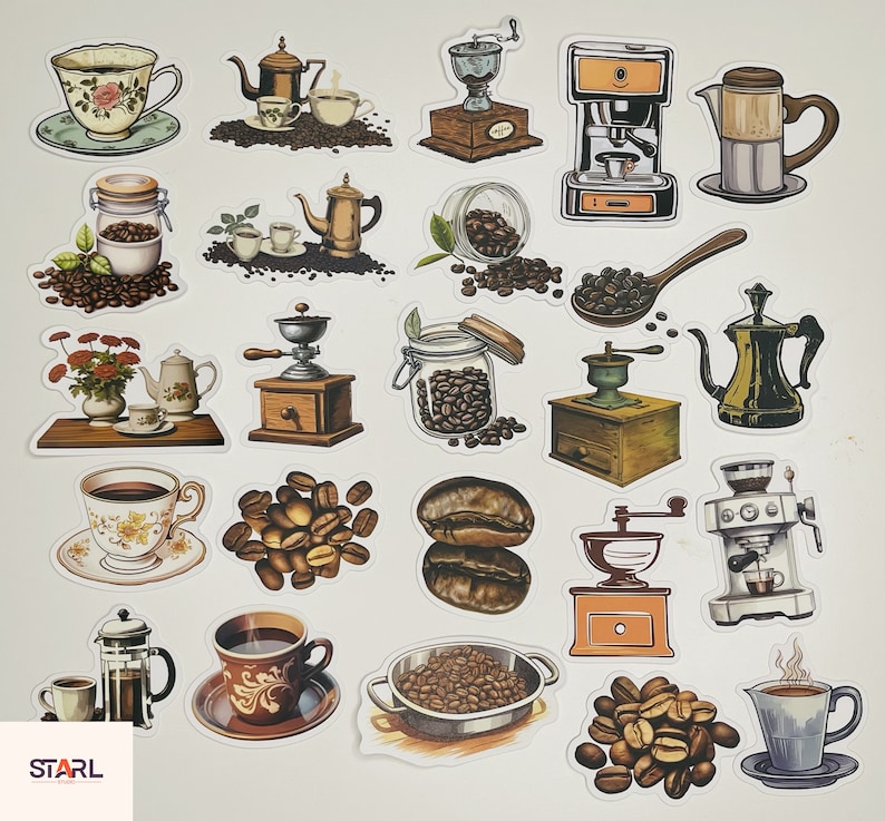 Vintage Coffee Stickers Pack, Retro Espresso & Coffee Bean Art ...