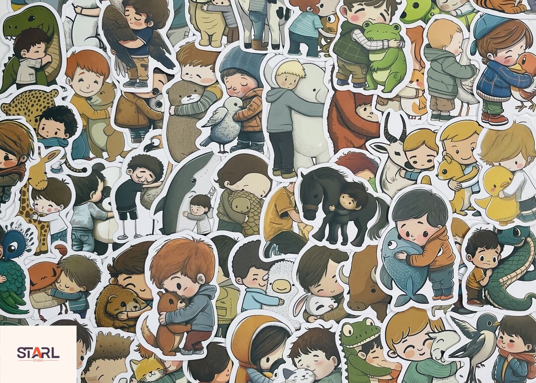 Child Hugging Animal Stickers, Animals Lover Vinyl Stickers, 10-50 Pcs ...