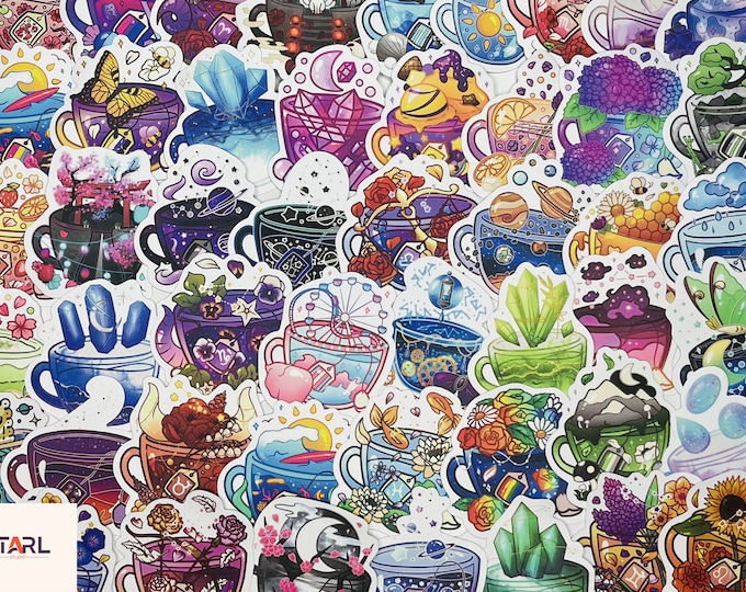 20 Pcs Gold Foil Water Color Tea Cup and Flower Sticker, Gem and Flower ...