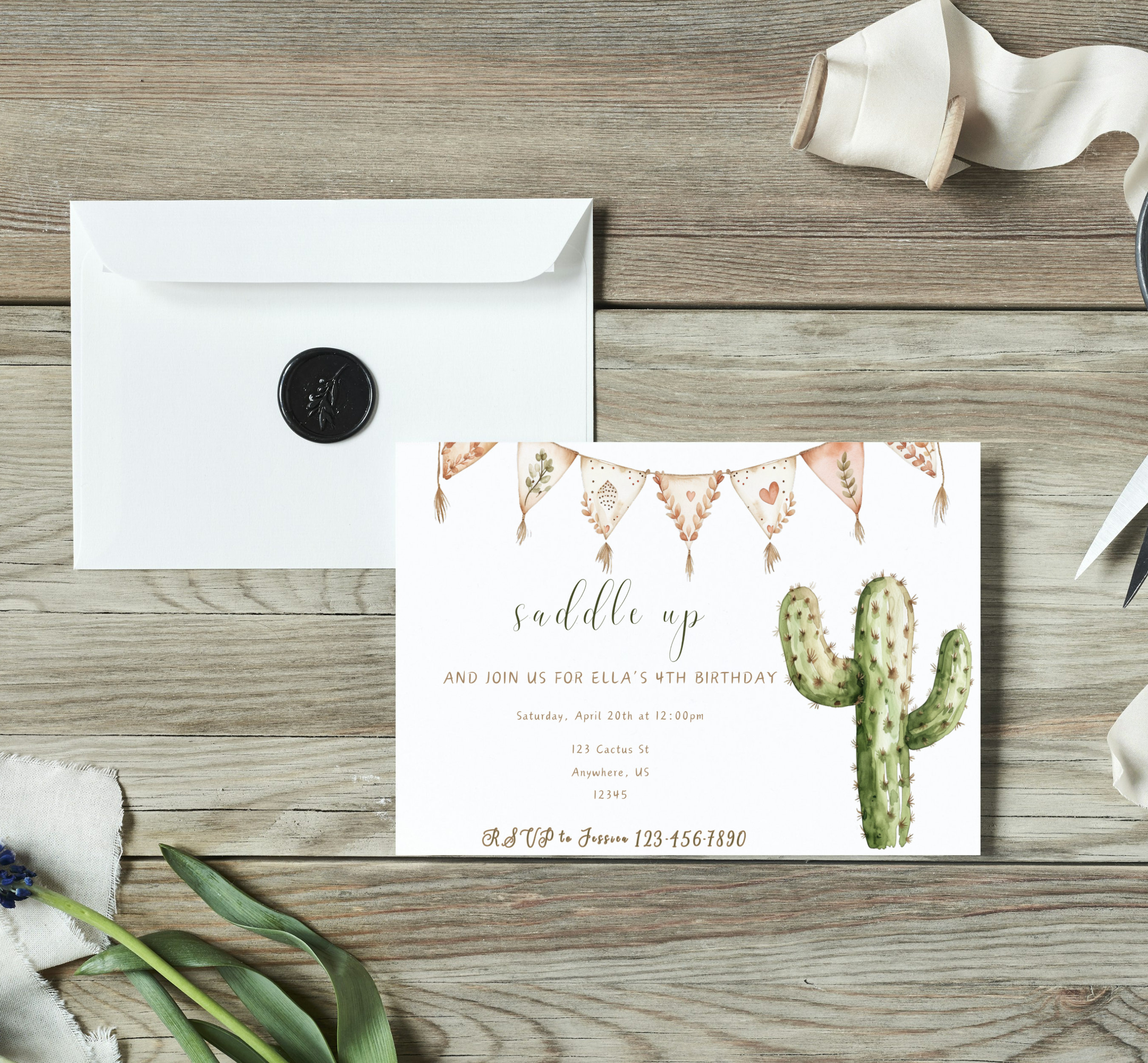 Desert Cactus Birthday Invitation With Free Matching Gift, Girl's ...