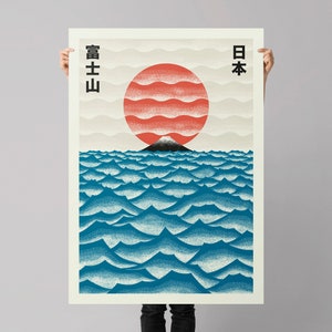 Mount Fuji Serenade Poster, Artwork With Japanese Letters, Waves, Sun ...