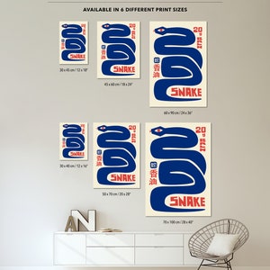 Blue Snake Print Japanese Wall Art Minimalist Animal Illustration With ...