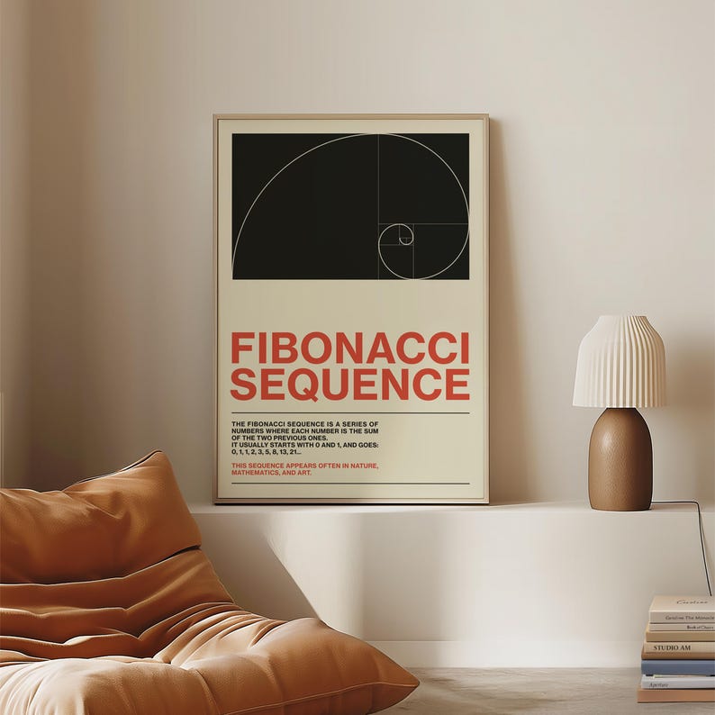 Fibonacci Sequence Poster | Golden Ratio Spiral Wall Art | Minimalist ...