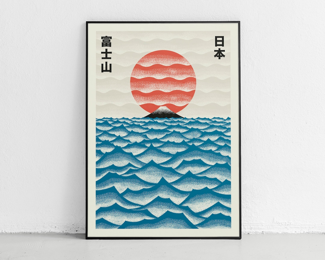 Mount Fuji Serenade Poster, Artwork With Japanese Letters, Waves, Sun ...
