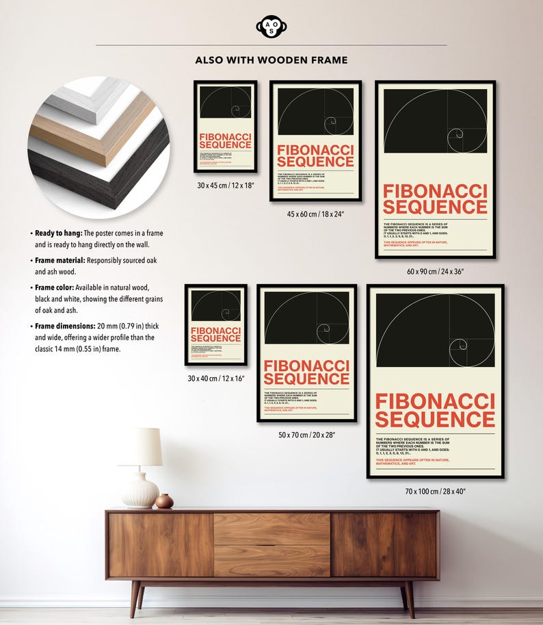 Fibonacci Sequence Poster | Golden Ratio Spiral Wall Art | Minimalist ...