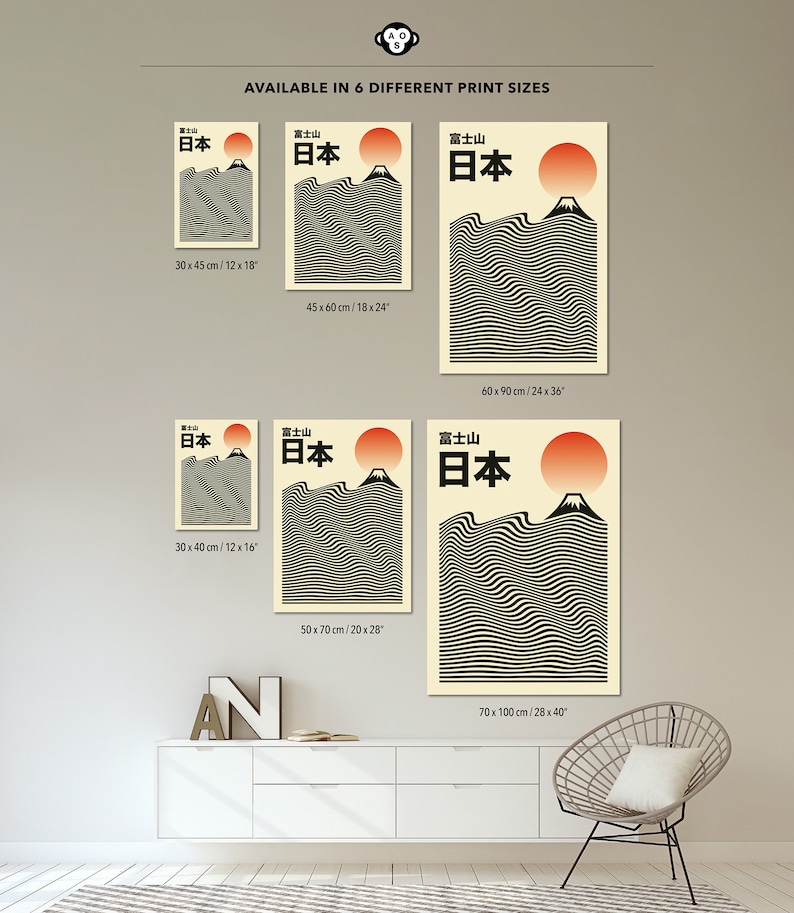 Japanese Mount Fuji Poster, Modern Japanese Poster, Japanese Sun ...