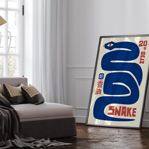 Blue Snake Print Japanese Wall Art Minimalist Animal Illustration With ...