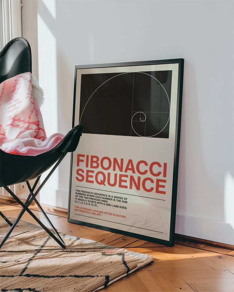 Fibonacci Sequence Poster | Golden Ratio Spiral Wall Art | Minimalist ...