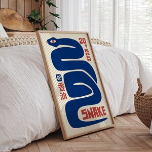 Blue Snake Print Japanese Wall Art Minimalist Animal Illustration With ...