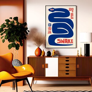 Blue Snake Print Japanese Wall Art Minimalist Animal Illustration With ...