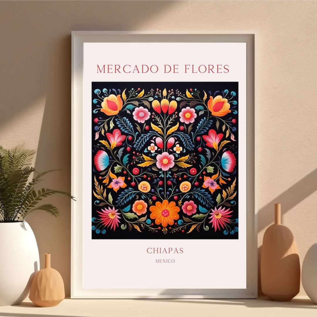Mexican Folk Art Flower Market Poster Chiapas Mexico Travel Poster ...