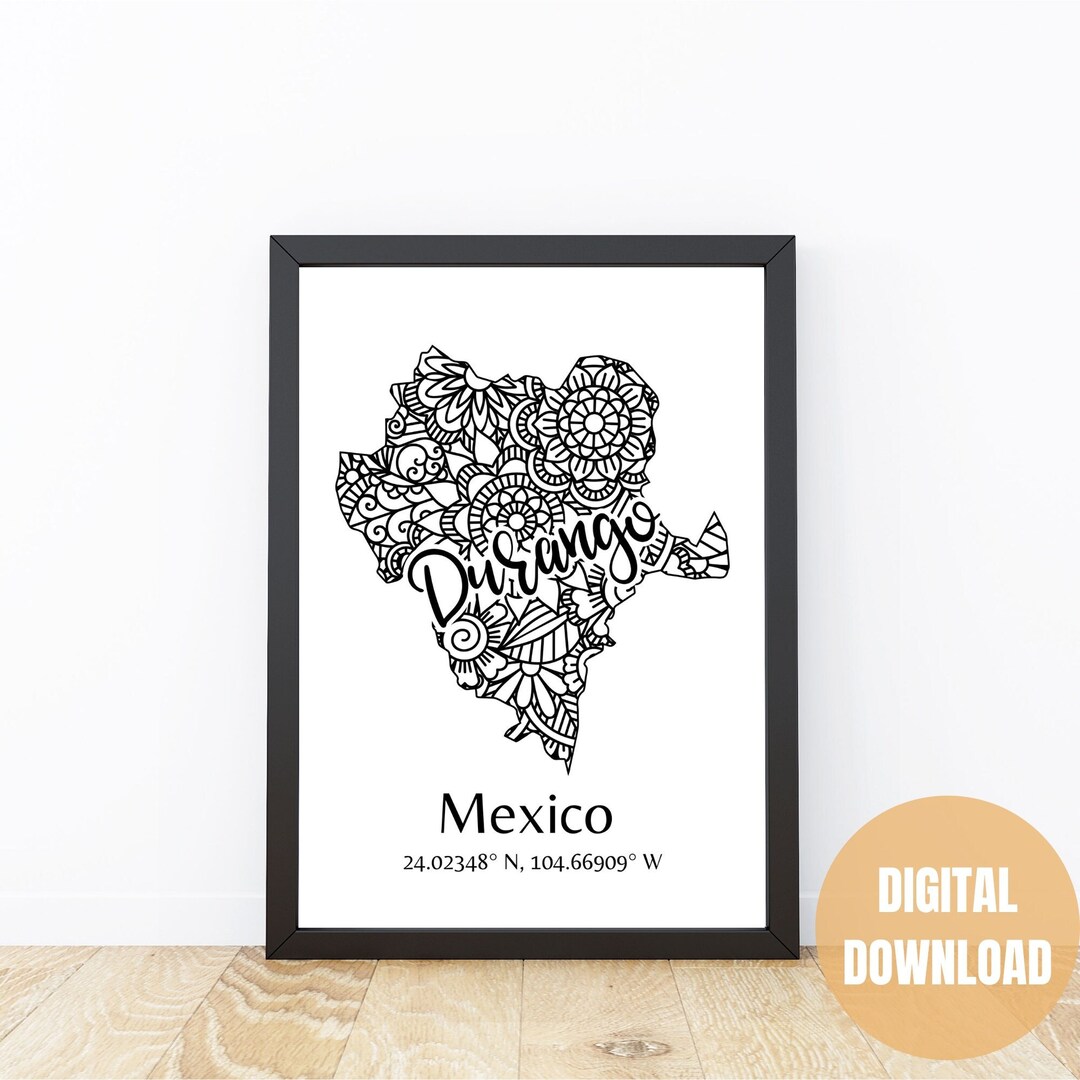 Durango Art Print Estado De Durango Gift Mexican Map Durango Mexico Art ...