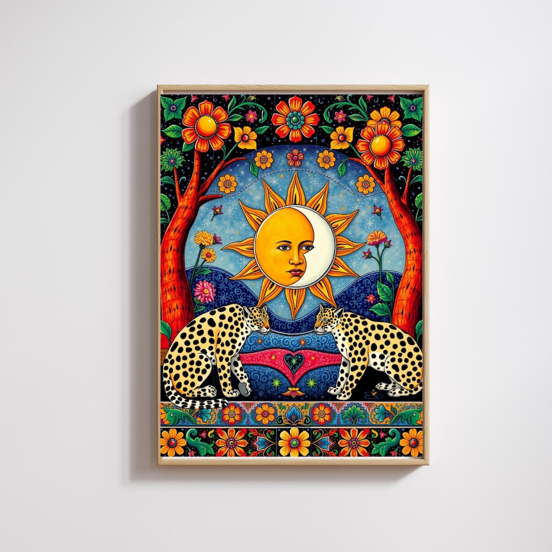 Mexican Folk Art Sun and Moon Wall Art Folk Art Poster Mystical Wall ...