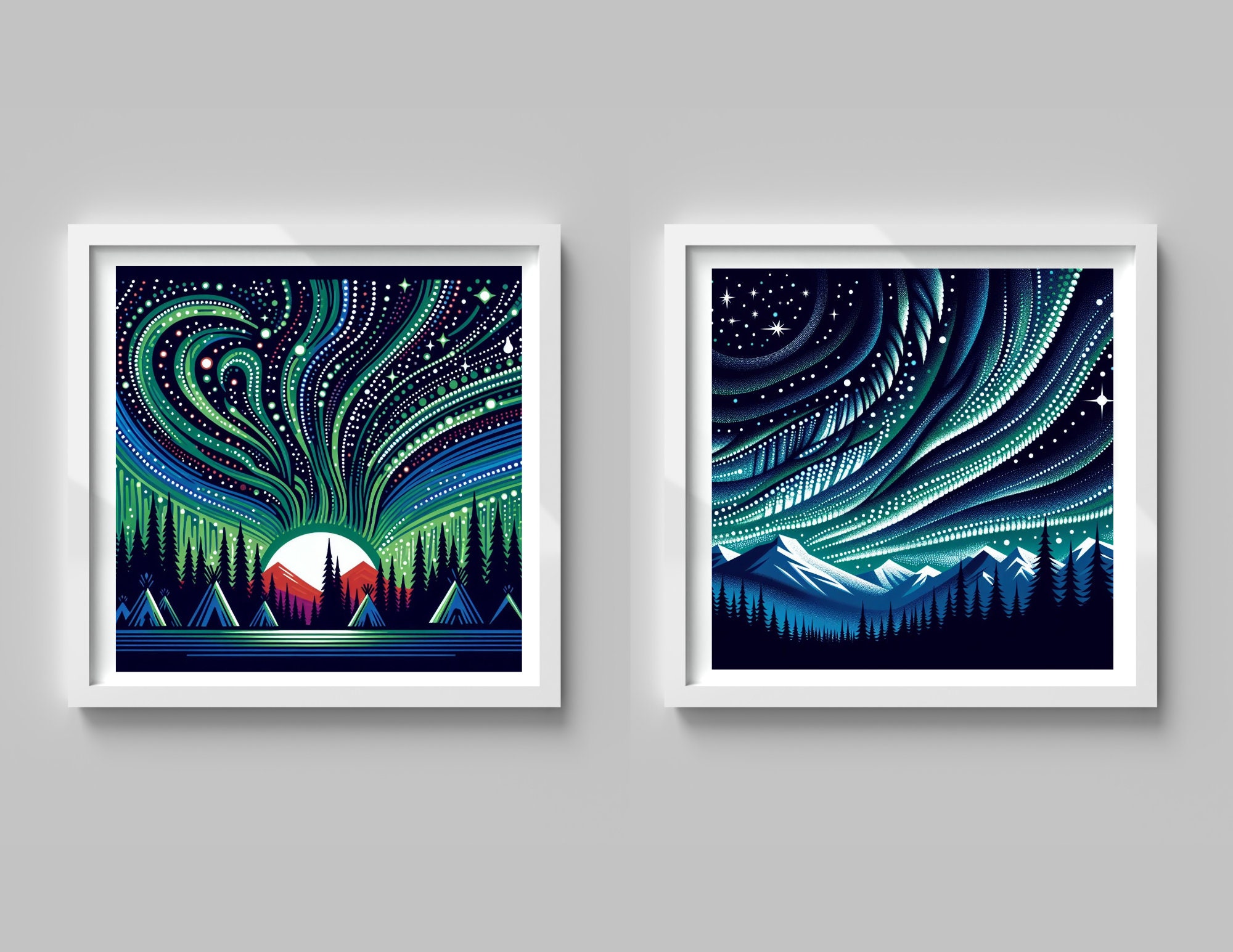 Northern Lights Set of 2, Indigenous Art, Minimalist Dot Art - Etsy