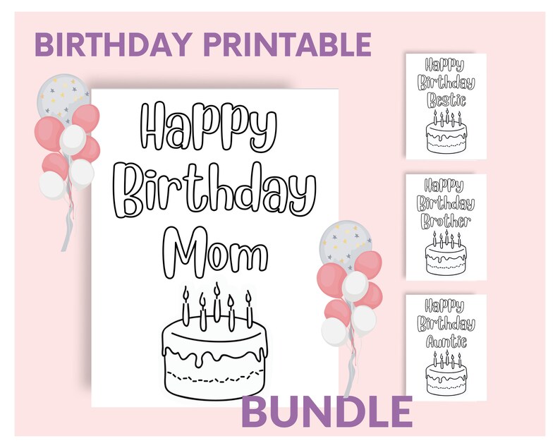 Birthday Coloring Pages Bundle: Kids & Adults Activity (printable ...