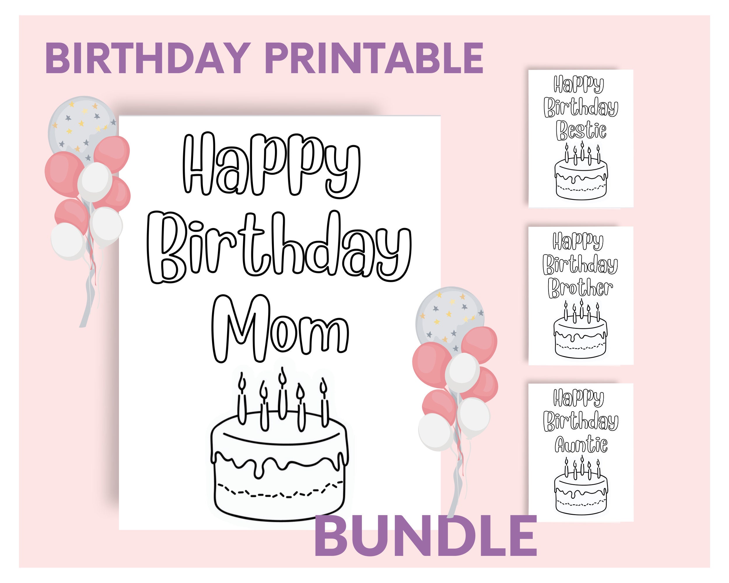Birthday Coloring Pages Bundle: Kids & Adults Activity (printable ...