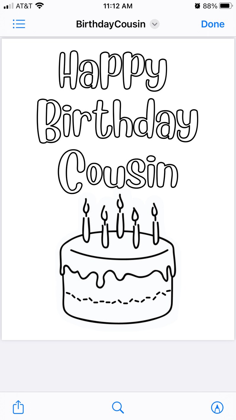 Happy Birthday Cousin Coloring Page: Printable Birthday Card (digital ...