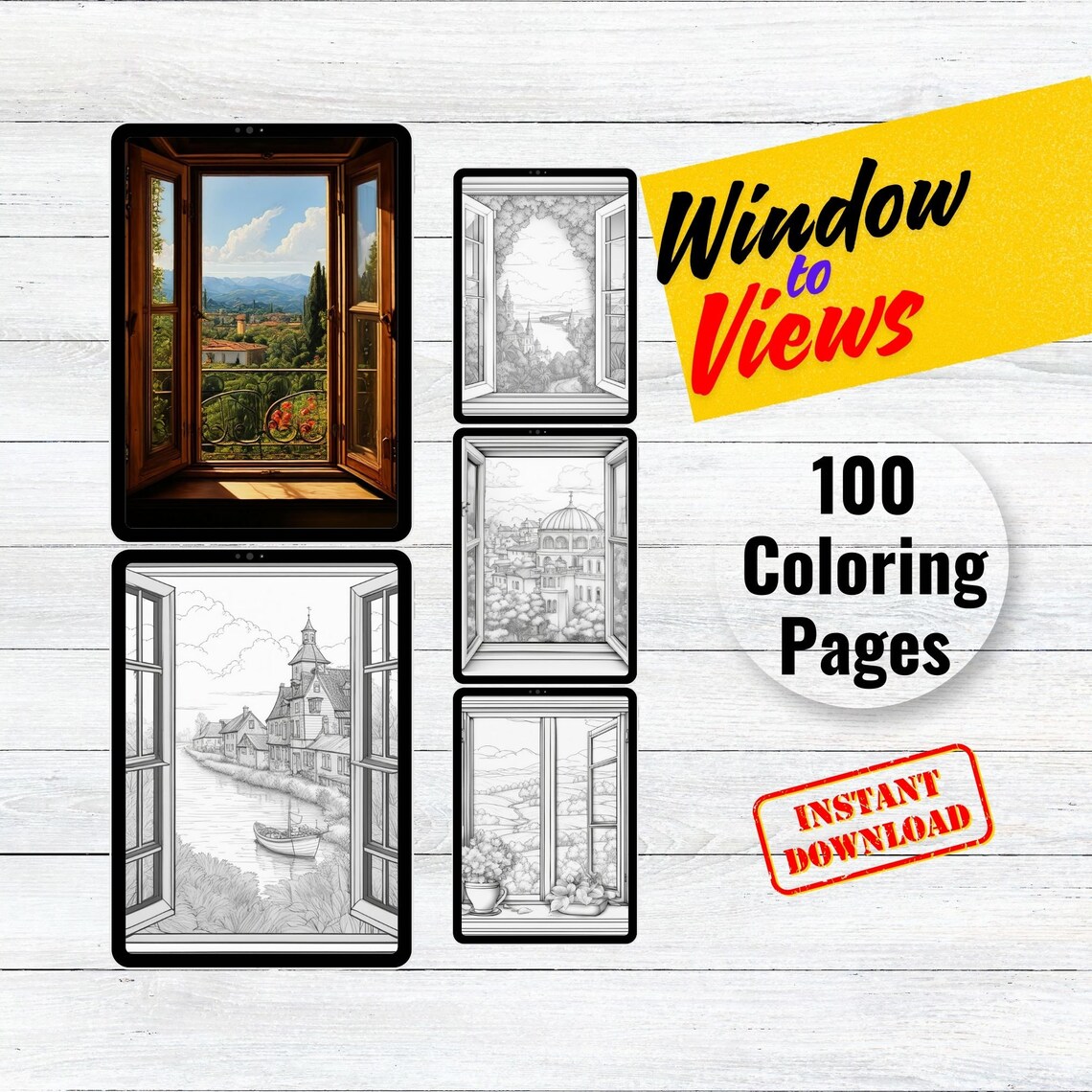 100 Window to Views World, Coloring Pages for Adults, Instant Download ...