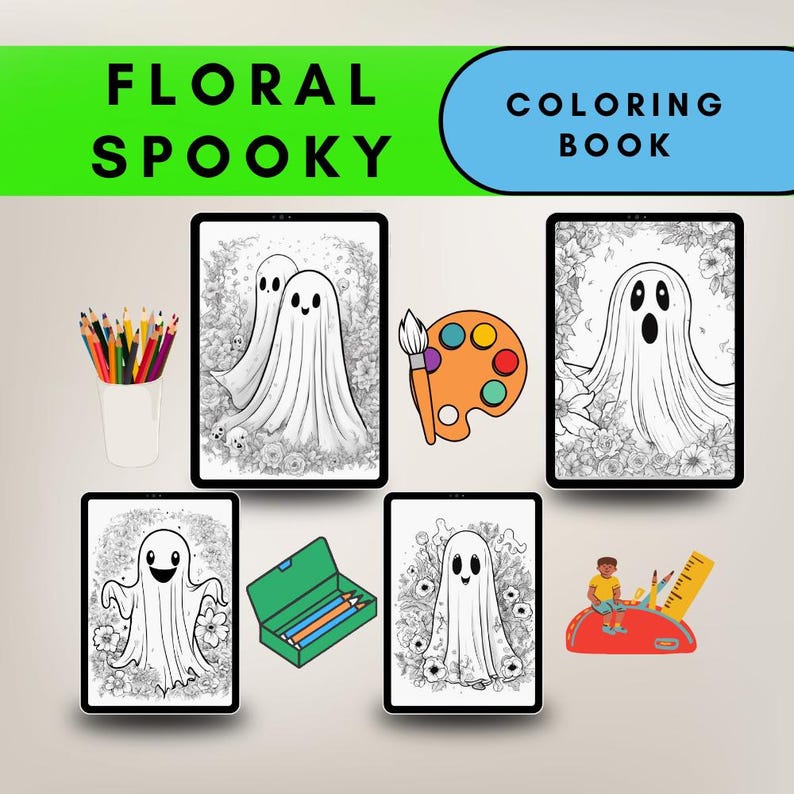 50 Floral Spooky Ghost Coloring Pages Kids and Adult Coloring Book ...